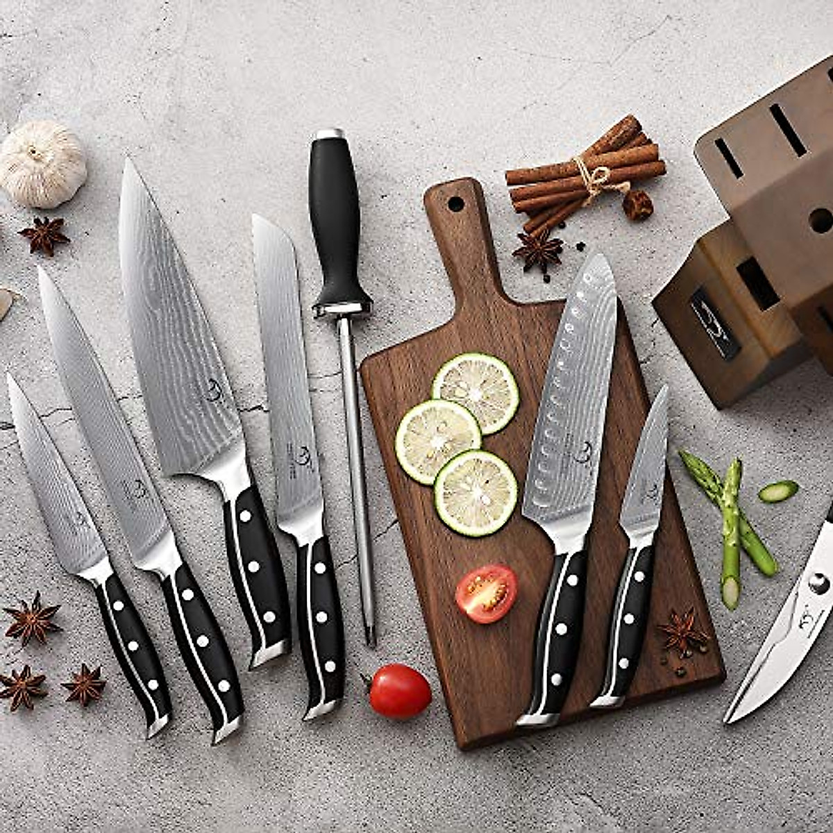 Kitchen Damascus Knife Set, WanRui Series 9-Piece Kitchen Knife Set with Block, Non-slip ABS Ergonomic Triple Rivet Handle for Chef Knives, Sharpener and Shears, Natural Wood Block (Updated Version)