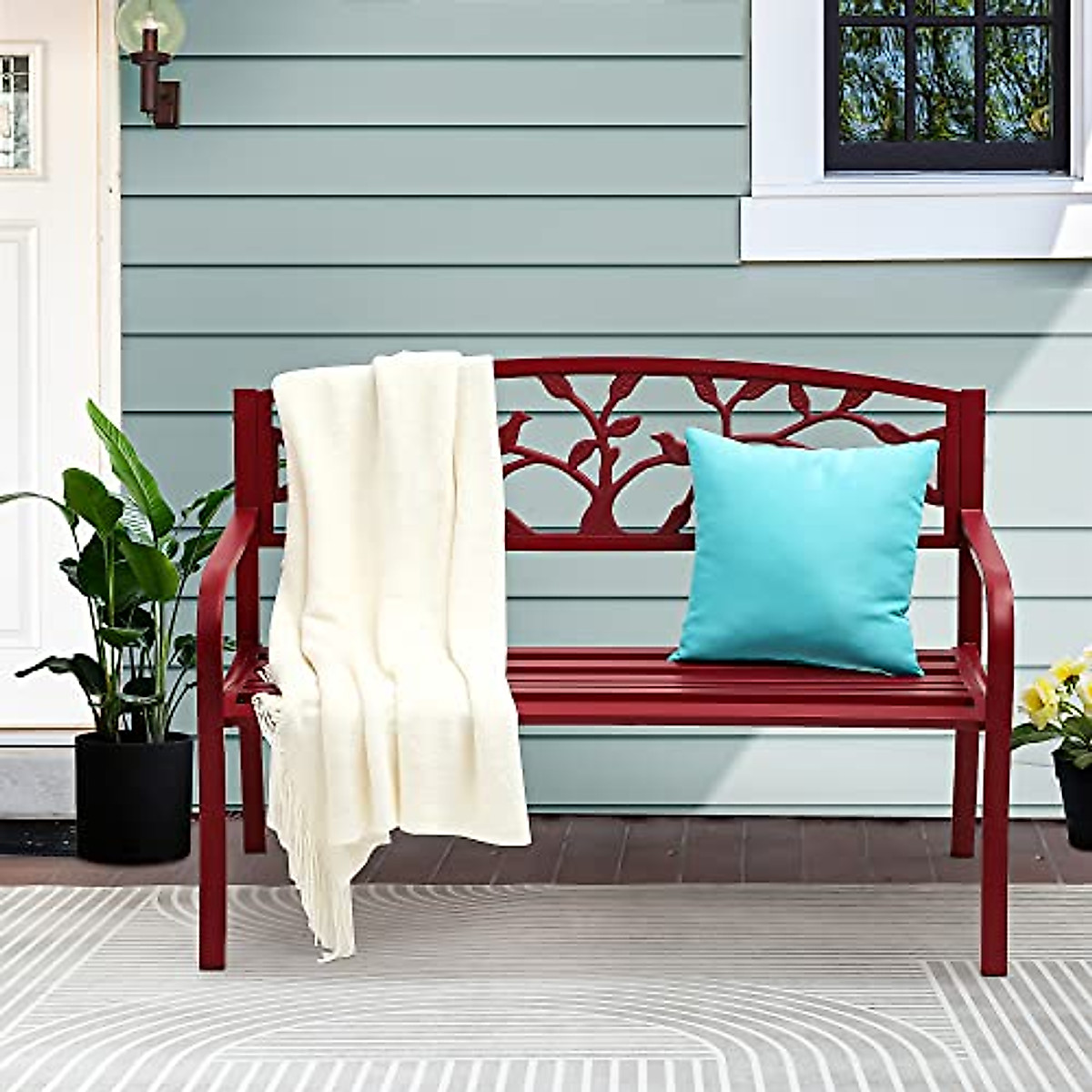 YITAHOME Outdoor Bench 50" Metal Bench Bird Pattern Patio Bench with Backrest and Armrest for Porch Lawn Balcony Backyard and Indoor Red
