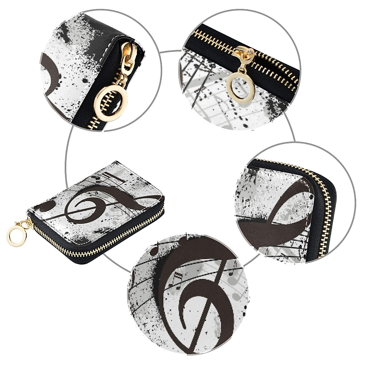 susiyo Black Background With Music Notes Credit Card Wallet, RFID Blocking Compact Women Leather Card Holder Zipper Purse