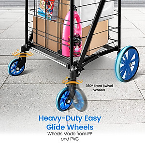 SereneLife Shopping Supermarket Cart with 360 Rolling Swivel Wheels, Collapsible Design, Double Basket Compartment, Heavy Duty Shopping Cart, Utility Cart for Grocery, Laundry, Luggage, Blue: