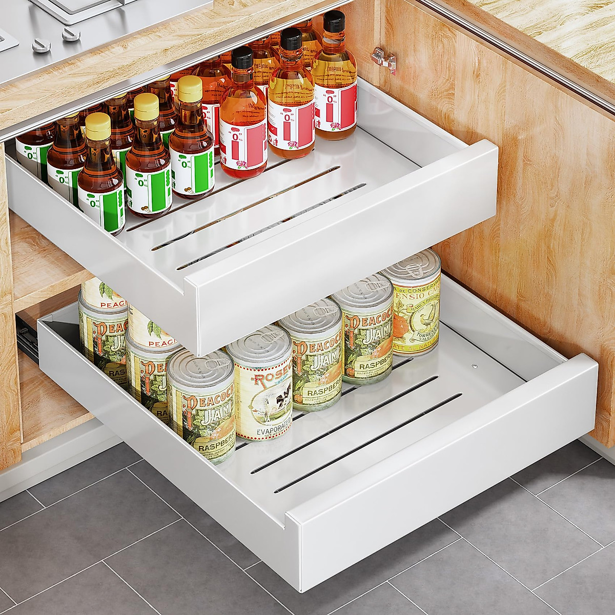 Pull Out Cabinet Organizer Fixed With Adhesive Nano Film,Heavy Duty Storage and Organization Slide Out Pantry Shelves Sliding Drawer Pantry Shelf for Kitchen 15.8"W x 16.9"D x 3.1"H(1PC)