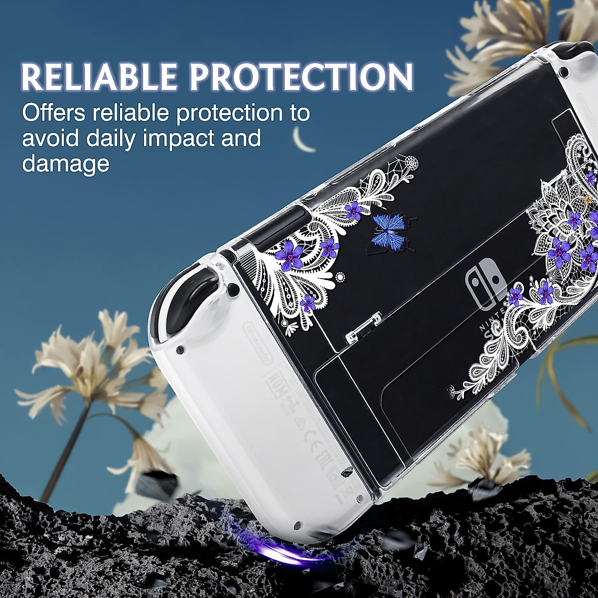DLseego Purple Butterfly Flower Floral Switch OLED Case 2021 Version Anti-Scratch Dockable Console Clear PC Hard Shell Soft TPU Shock-Absorption Joy Con Cover Romantic Design for Switch OLED Model