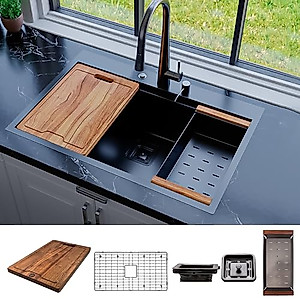 Strictly Sinks 33” Topmount Kitchen Workstation Sink-Gunmetal Black Single Bowl 16 Gauge Stainless Steel Drop In Sink, Acrylic Cutting Board,Cutting Board with Strainer Bowl & Bottom Protector Grid