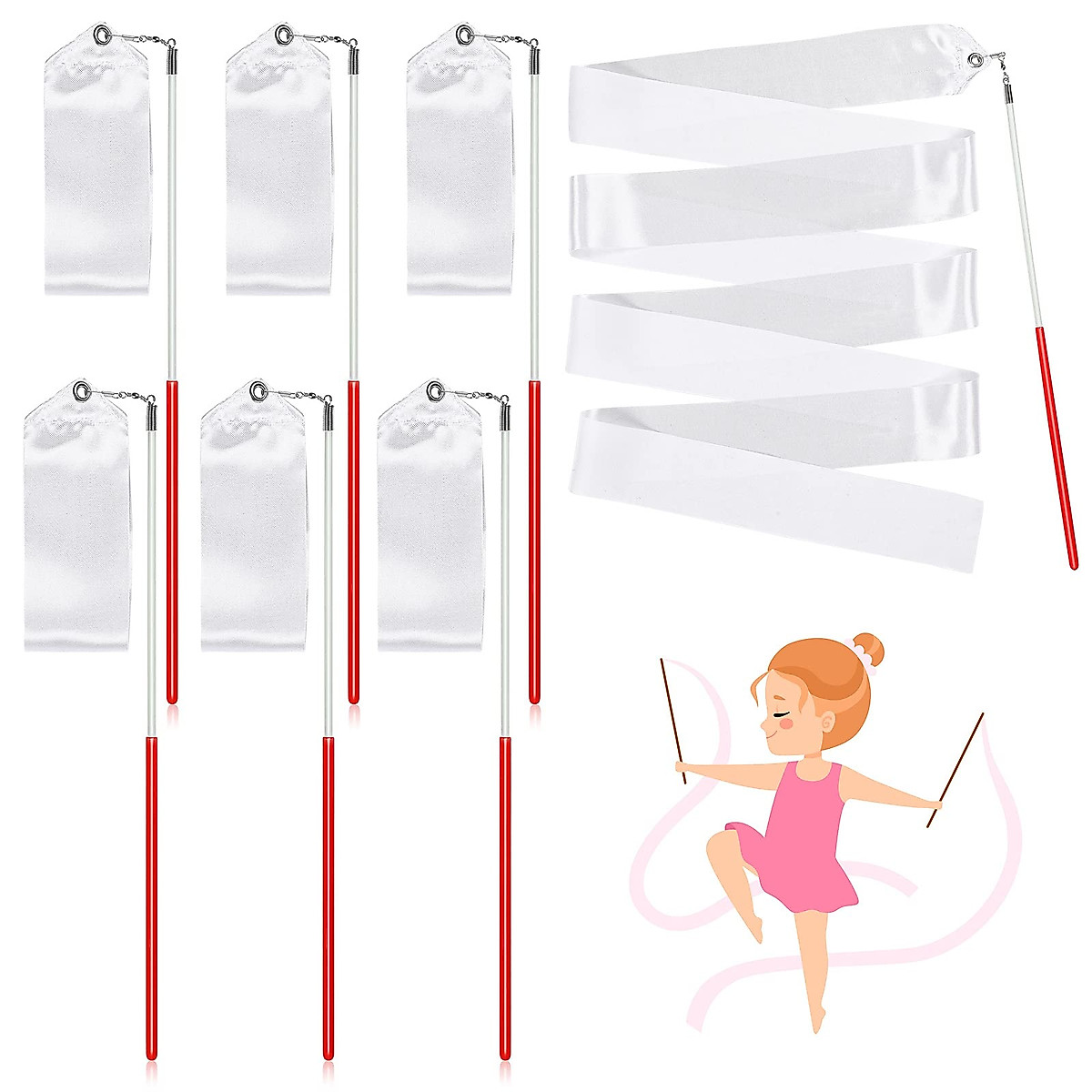 HyDren 6 Pieces Gymnastics Ribbon Rhythmic Dancing Streamers Praise Ribbon Dancer Wand Twirling Baton for Adults Kids Ribbon Streamers for Talent Shows Artistic Dancing(6 Pieces)