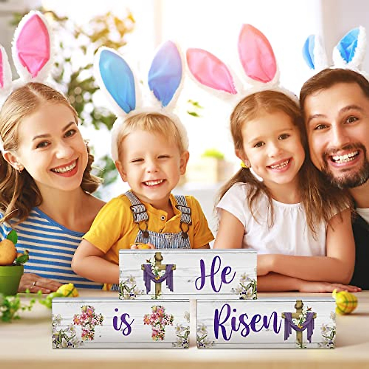 He is Risen Easter Decor Easter Wooden Cross Signs Floral Printed Easter Tiered Tray Signs Religious Tabletop Easter Decorations Spring Table Centerpieces for Home Office (Cross)