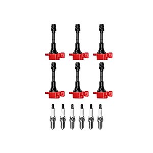 ENA Set of 6 Red Ignition Coil Pack and 6 Iridium Spark Plug Compatible with Infiniti Nissan FX35 G35 I35 M35 QX4 350Z Altima Maxima Murano NV2500 NV3500 Pathfinder Quest Xterra V6 Replace# UF349 4505