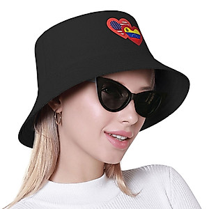 Hearts America and Venezuela Bucket Hats Double-Woven for Women Men Adult Fisherman's Hat Sun Cap Packable Outdoor Fisherman Hat Black