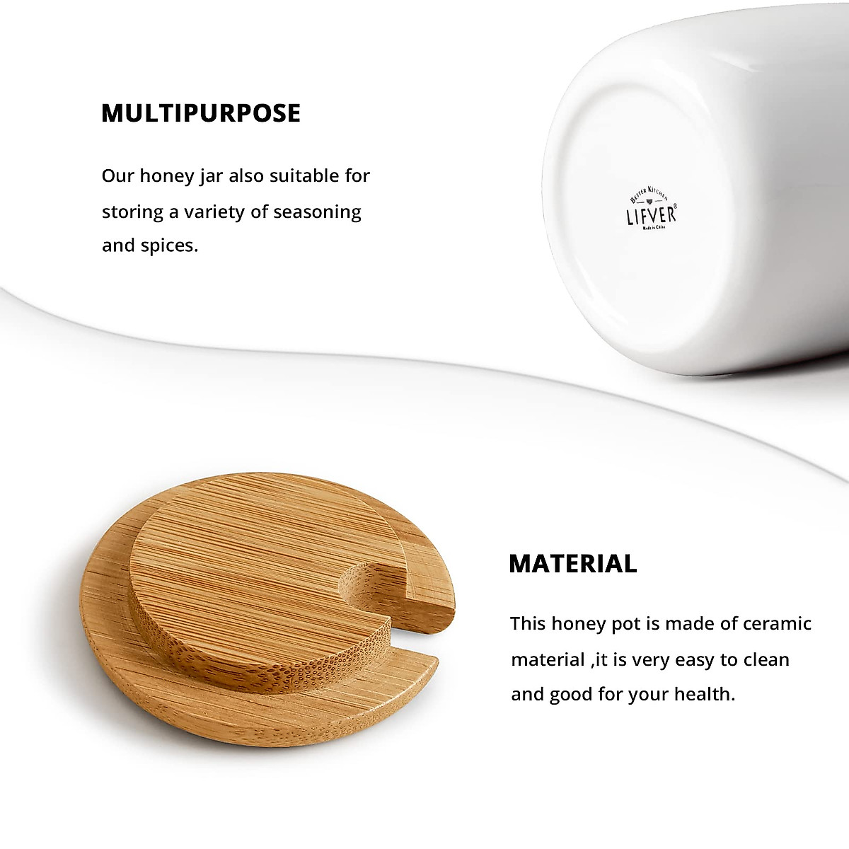 LIFVER Honey Jar with Wooden Dipper and Lid, Cute Ceramic Honey Bee Pot for Storage, Honey Pot with Handle for Sugar, Jam and Salsa, Birthday Housewarming Christmas Gift - 12 Ounce, White