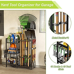 keomaisyto Garden Tool Organizer with Basket, 3 Tier Yard Tool Storage Rack for Garage Organization, Heavy Duty Garden Tool Holder with 35 Long-Handled Tool Slots for Shed, Yard, Garage