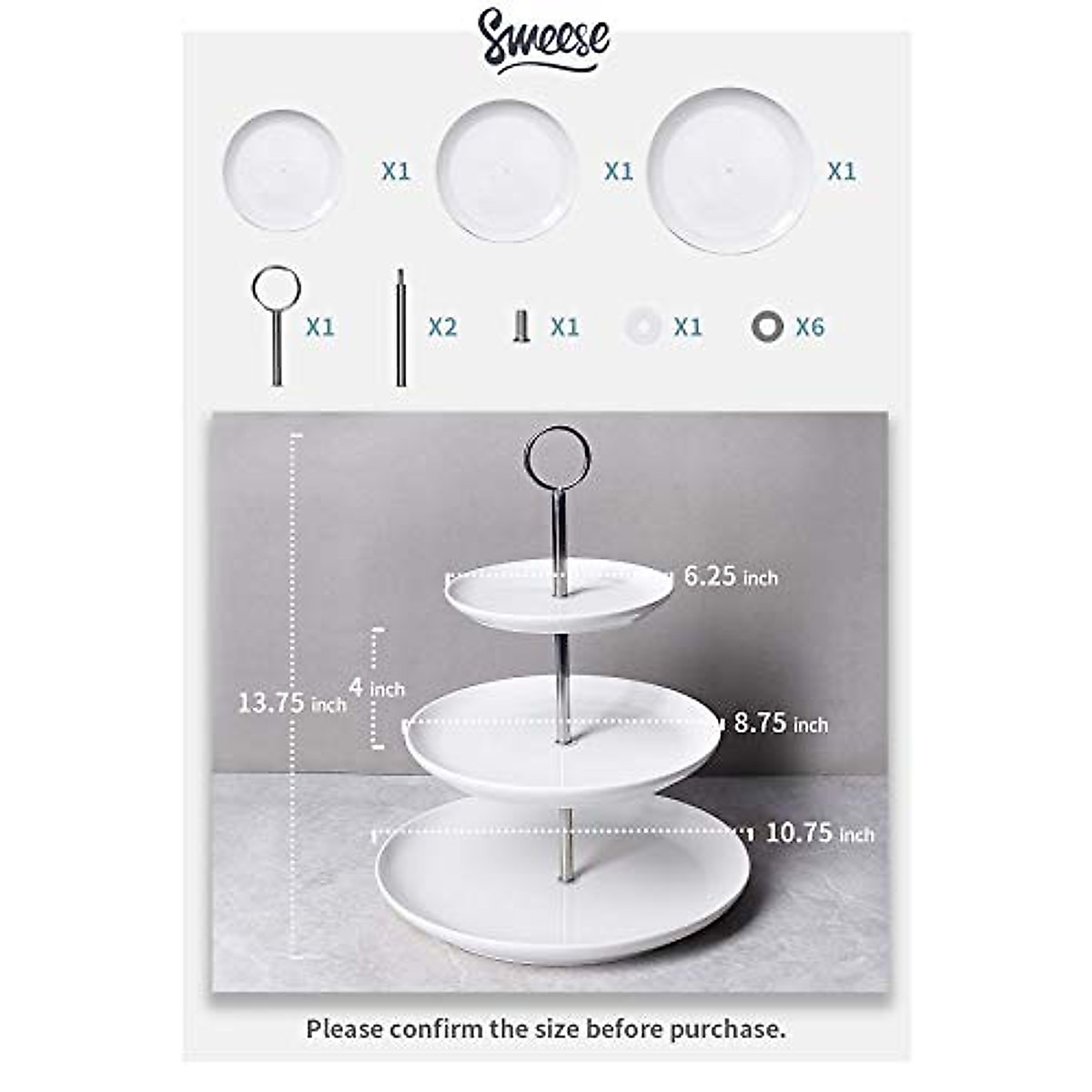 Sweese 735.101 3 Tier Cupcake Stand- White Porcelain Cake Stand- Dessert Stand, Tiered Serving Trays for Parties