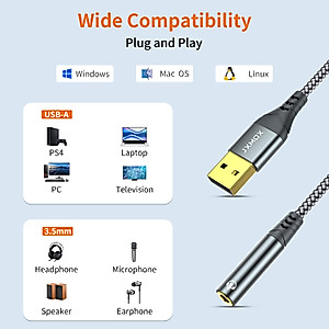 USB to 3.5mm Jack Audio Adapter,USB to Audio Jack Adapter Headset,USB-A to 3.5mm TRRS 4-Pole Female, External Stereo Sound Card for Headphone, Mac, PS4, PS5,PC, Laptop, Desktops and More [6 inch]