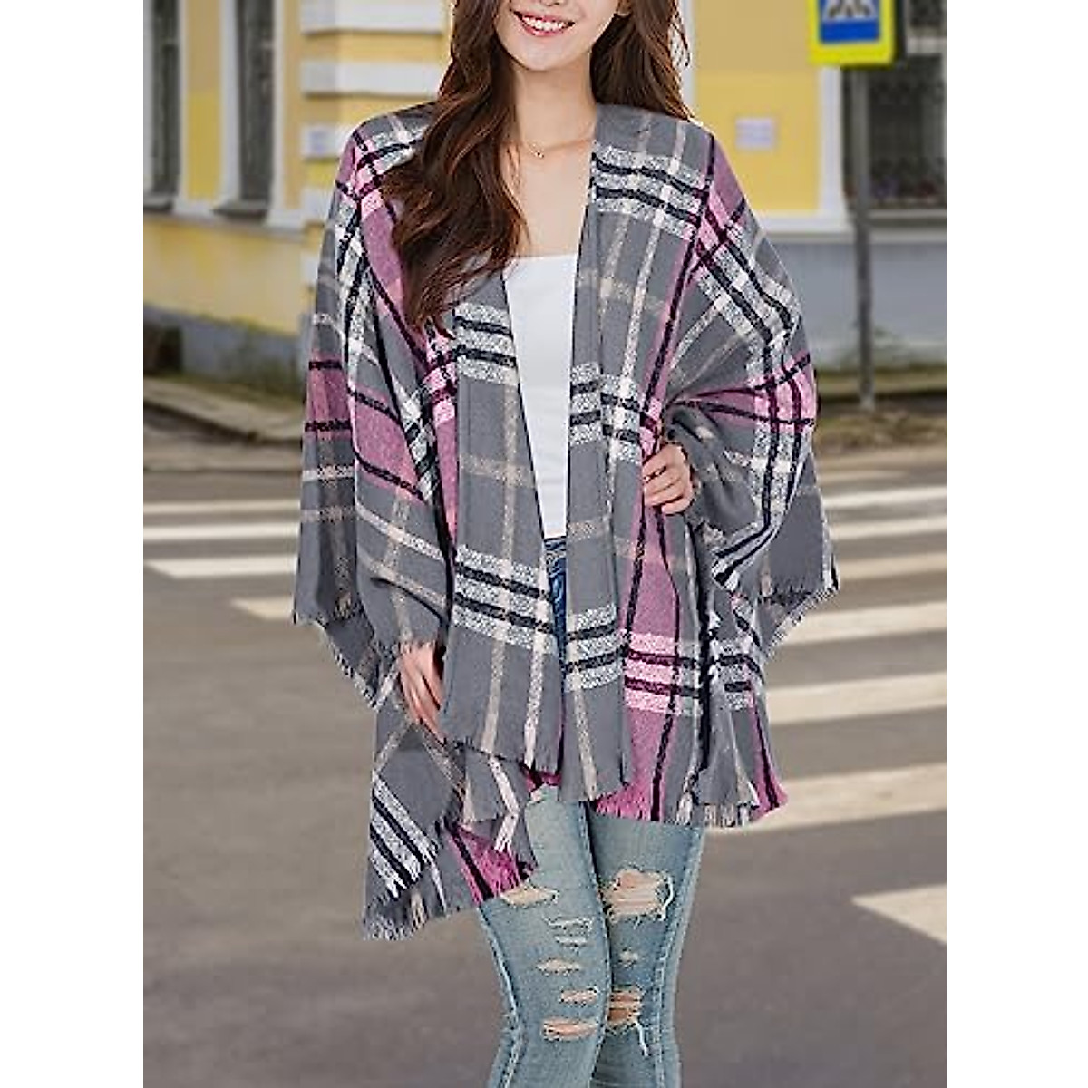 Bestshe Women's Boho Open Front Poncho Knitted Plaid Shawl Wrap Cape Tassel Cardigan Sweater