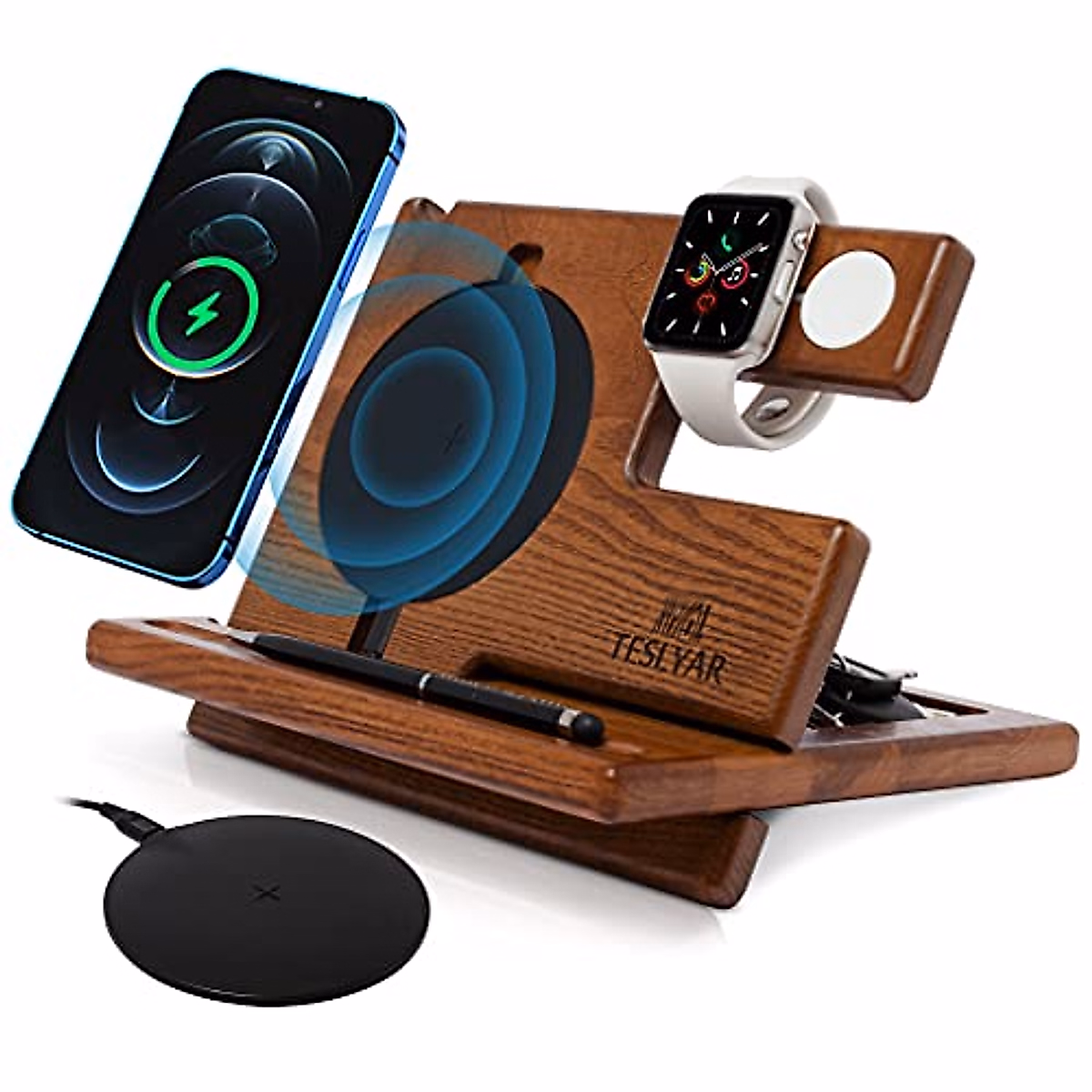 TESLYAR Wood Phone Docking Station Ash Key Holder Wallet Stand Watch Organizer Men Husband Wireless Charging Pad Slim Birthday Nightstand Purse Tablet Watch Compatible with Qi Devices