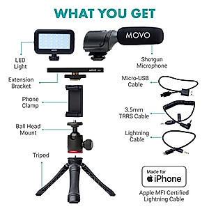 Movo iVlogger Vlogging Kit for iPhone - Lightning Compatible Video Vlog Kit - Accessories: Phone Tripod, Phone Mount, LED Light and Shotgun Microphone - for YouTube Starter Kit or iPhone Vlogging Kit