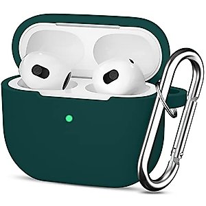 JTOMEI AirPods 3 Case Cover with Keychain, Full Protective Silicone Case Accessories for AirPods 3rd Generation, Front LED Visible, Dark Green