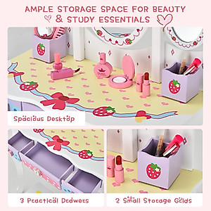 Costzon Kids Vanity Set with Mirror, 2 in 1 Princess Makeup Dressing Table w/Detachable Top, Toddler Vanity w/Drawers, Accessories, Pretend Play Vanity Table & Chair Set for Little Girls, White