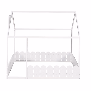 Merax Full Size House Bed Frames Platform Bed with Fence for Boys or Girls, Box Spring Needed(Slats Kit Not Included), White