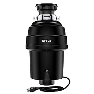 Kraus KWD100-100MBL WasteGuard 1 HP Continuous Feed Garbage Disposal with Ultra-Quiet Motor for Kitchen Sinks with Power Cord and Flange Included, 16 1/2 inch, Black