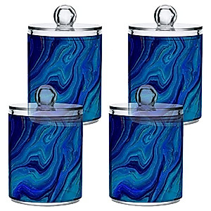 2 Pack Qtip Holder Organizer Dispenser Navy Blue Marble Bathroom Storage Canister Cotton Ball Holder Bathroom Containers for Cotton Swabs/Pads/Floss