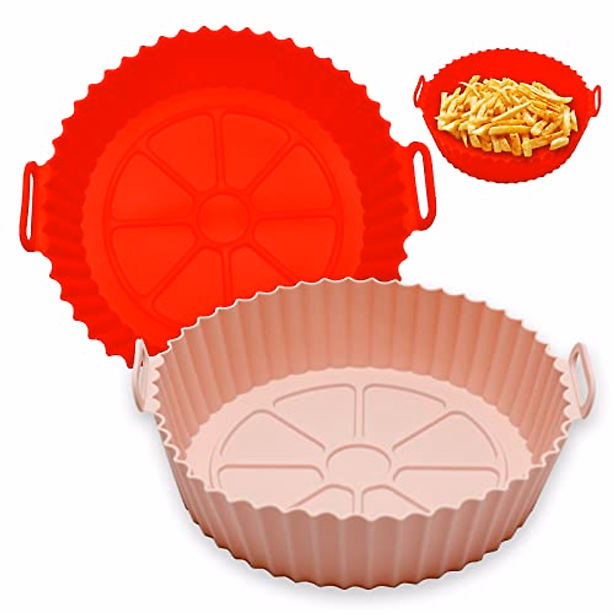 2 Pack Air Fryer Silicone Liners Pot, Fit for 3.8 to 9.5 QT Air Fryer, Food Grade Reusable Air Fryer Baking Silicone Tray Basket Bowl, Replacement of Flammable Disposable Parchment Paper (Red + Pink)