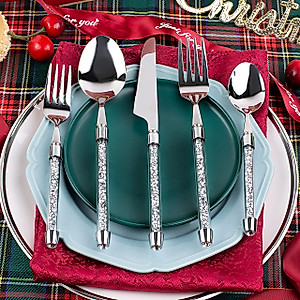 SHYFOY 5 Piece Modern Bling Silverware Set, 18 8 Stainless Steel Flatware, Mirror-Polished Luxury Cutlery, Crushed Diamond Dinner Service, Fork Knife Spoon, Teaspoon/Salad Fork Dishwasher Safe