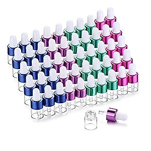 50 Packs,Clear Glass Dropper Bottles With Colorful Lids Perfume Sample Vails Essential Oils Bottles With Glass Eye Dropper For Travel DIY Cosmetic Liquids (1ml(1/4 Dram))