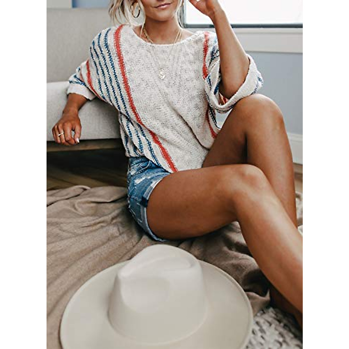 Dokotoo Womens Ladies Cute Casual Summer Fall 2023 Crewneck Color Block Striped Wide Bell 3/4 Sleeve Oversized Baggy Lightweight Comfy Cozy Cable Knit Beach Pullover Sweaters for Women Tops Shirts XL