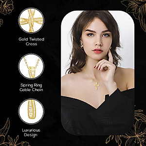 925 Sterling Silver Necklace for Women, Fancy Baguette Cubic Zirconia Twist Cross Pendant, 14k Yellow Gold Plated, Sterling Silver Yellow Gold, Cubic Zirconia