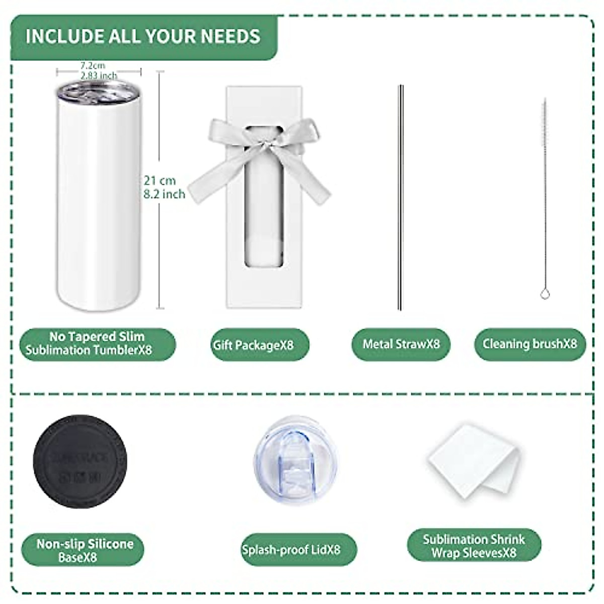 8 Pack Sublimation Tumblers bulk 20 oz Skinny,Stainless Steel Double Wall Insulated Straight Sublimation Tumbler Cups Blank White with Lid, Straw, Individually Boxed,Polymer Coating for Heat Transfer