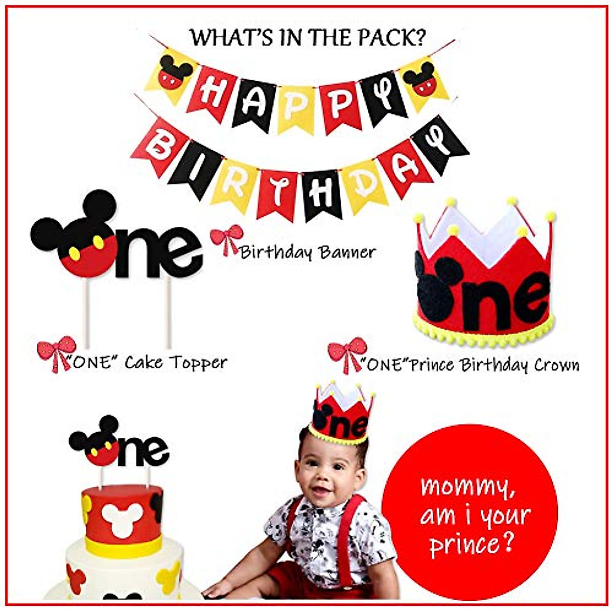 Mickey Mouse Party Supplies - Boys 1st Birthday Party Supplies Pack, Includes a Mickey Themed Birthday Banner, a Hand Made High Chair Banner, a Birthday Cake Topper, 15 Latex Balloons, 5 Confetti Baloons, 6 Tissue Balls, a Hand Made Cronw, a Welcome Sign,