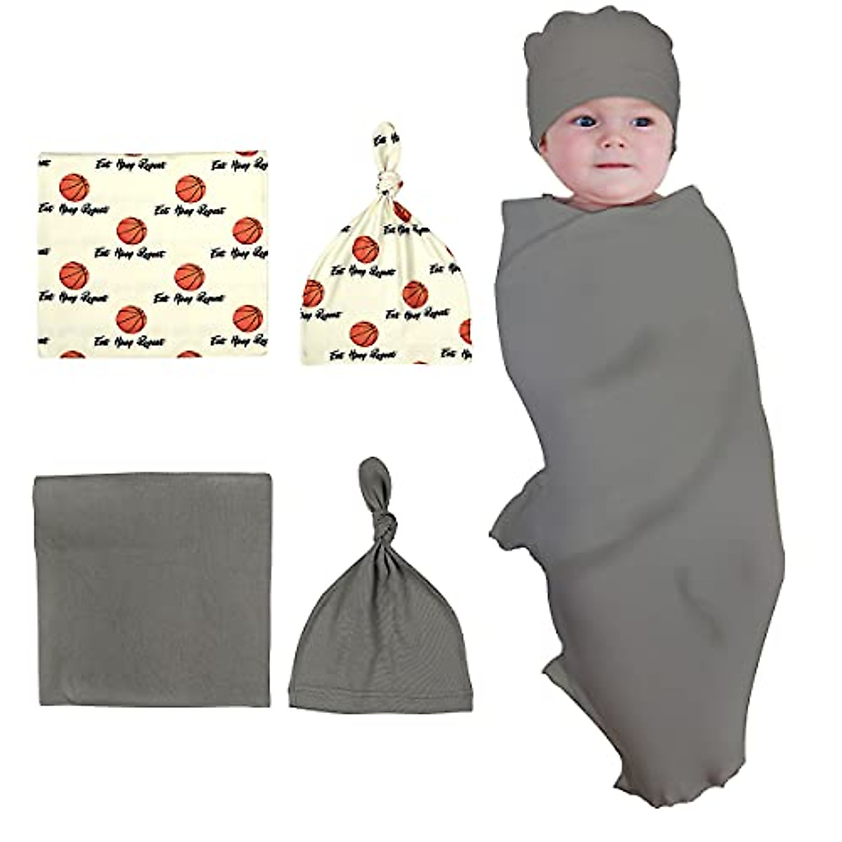 Sport Baby Swaddle Blanket - 2 Pack Swaddling Receiving Blanket with Headband - Baby Shower Newborn Gift (Basketball)