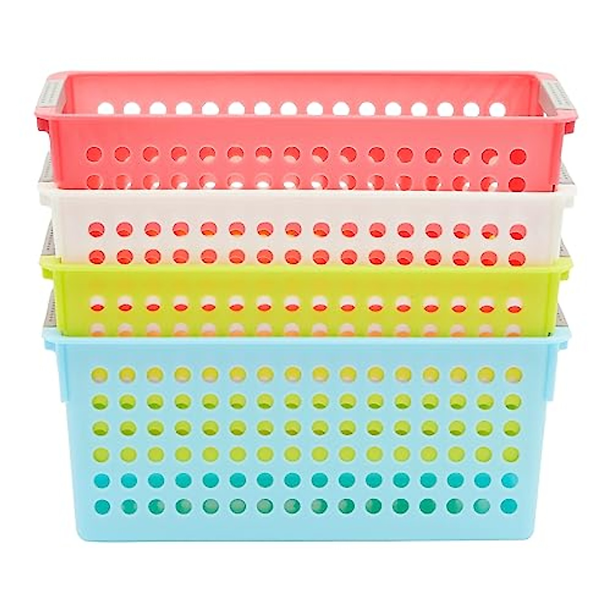 Farmlyn Creek 4 Pack Plastic Baskets with Handles, Narrow Storage Bins for Organizing, Kitchen and Laundry Shelves, Small Nesting Containers (4 Colors, 11.5 x 5 x 5 inch)