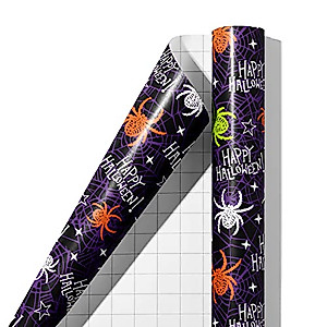 LDGOOAEL Wrapping Paper Roll with Cut Lines on Reverse - Mini Roll(17" X 120" Per Roll) - Purple Spider, Orange bat for Halloween, Birthday, Wedding, Baby Shower,Bridal Showers