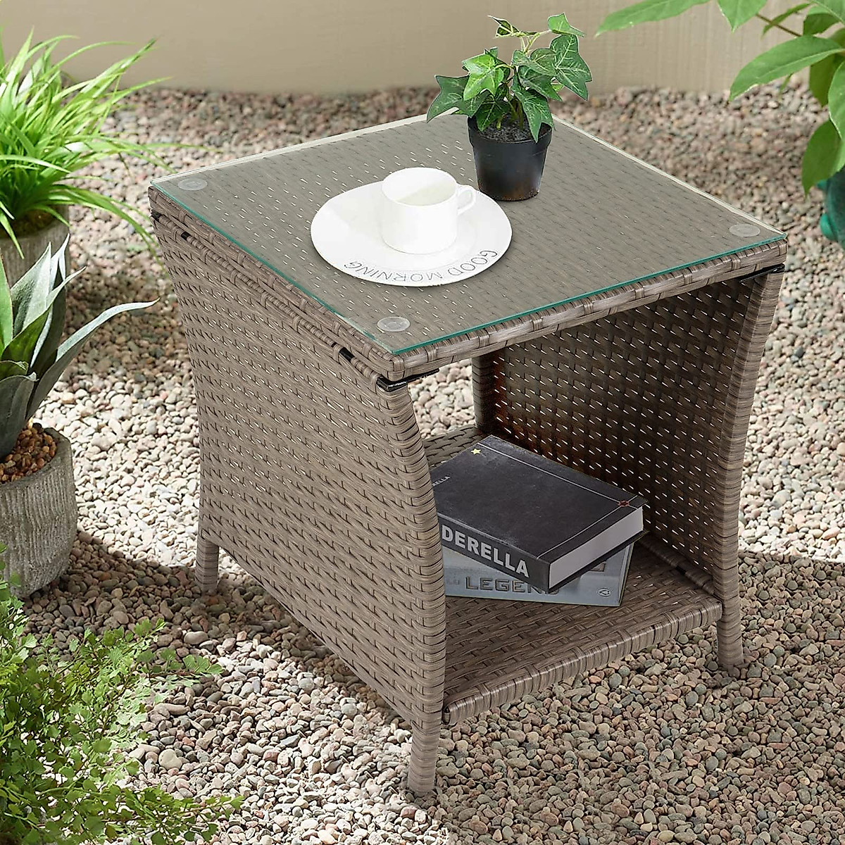 PHIKOOVA Outdoor Wicker Side Table Patio Coffee Table Wicker Bistro End Table Outdoor Square Tempered Glass Top End Table All Weather Metal Rattan Furniture Table with Storage,Light Brown
