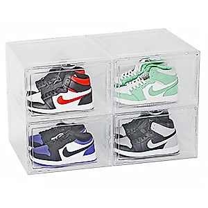 BYFU 4 Pack Shoe Box Side Open, Plastic Stackable Shoe Storage Organizer Shoe Container Sneaker Box for Men Women Shoe (Transparent)