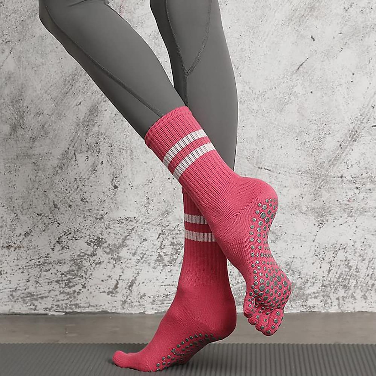 PIGOLDOG Yoga Socks For Women,Full Toe Non Slip Skid Socks,Mid-Calf Socks Socks for Yoga, Barre, Pilates, Dance, Ballet 1Pair (Pink)