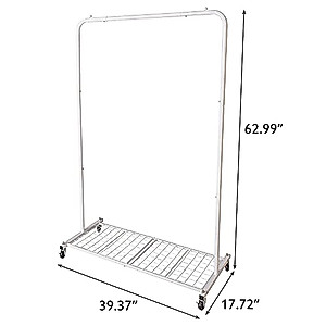 Simple Trending Standard Rod Clothing Garment Rack, Clothing Rolling Rack With Mesh Storage Shelf On Wheels (White)