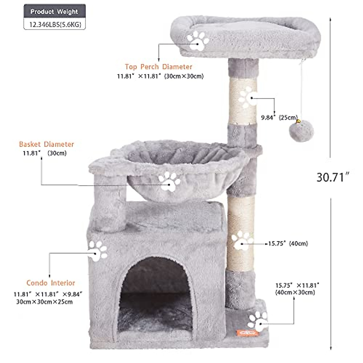 Heybly Cat Tree Cat Tower Condo with Sisal-Covered Scratching Posts and Basket for Kitten Light Gray HCT002SW