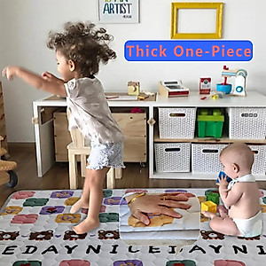 YANGSHILEI Playpen Mat 50x50, Thick One-Piece Crawling, Non-Slip Cushioned Baby Playmat for Infants,Babies,Toddlers, Coral Velvet Play Mat Machine Washable for Easy Storage(Pink Bear)