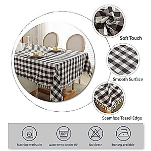 Laolitou Checkered Tablecloth Rectangle Washable Buffalo Plaid Table Cloth with Tassel Cotton Linen Gingham Table Cover for Picnic Kitchen Dining Room, Black and White, 86 Inch