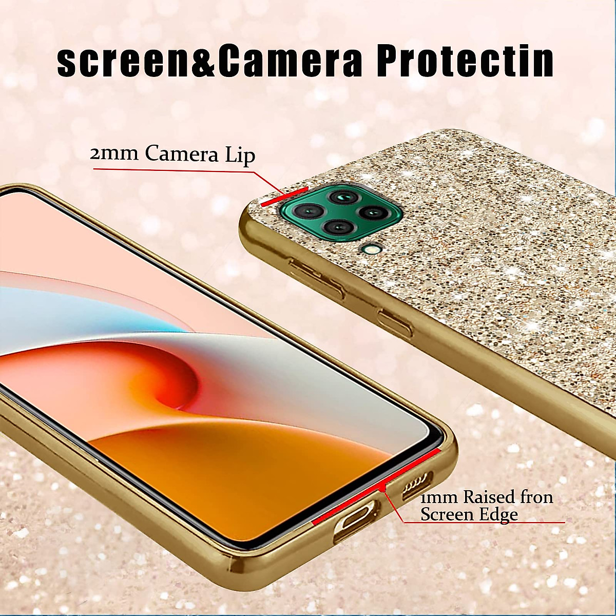 Compatible with Huawei P40 Lite Case Glitter Shockproof,Huawei P40 Lite Phone Case Bling Sparkly Soft TPU and PC Silicone Shiny Girl Women Thin Protective Cover (Gold)