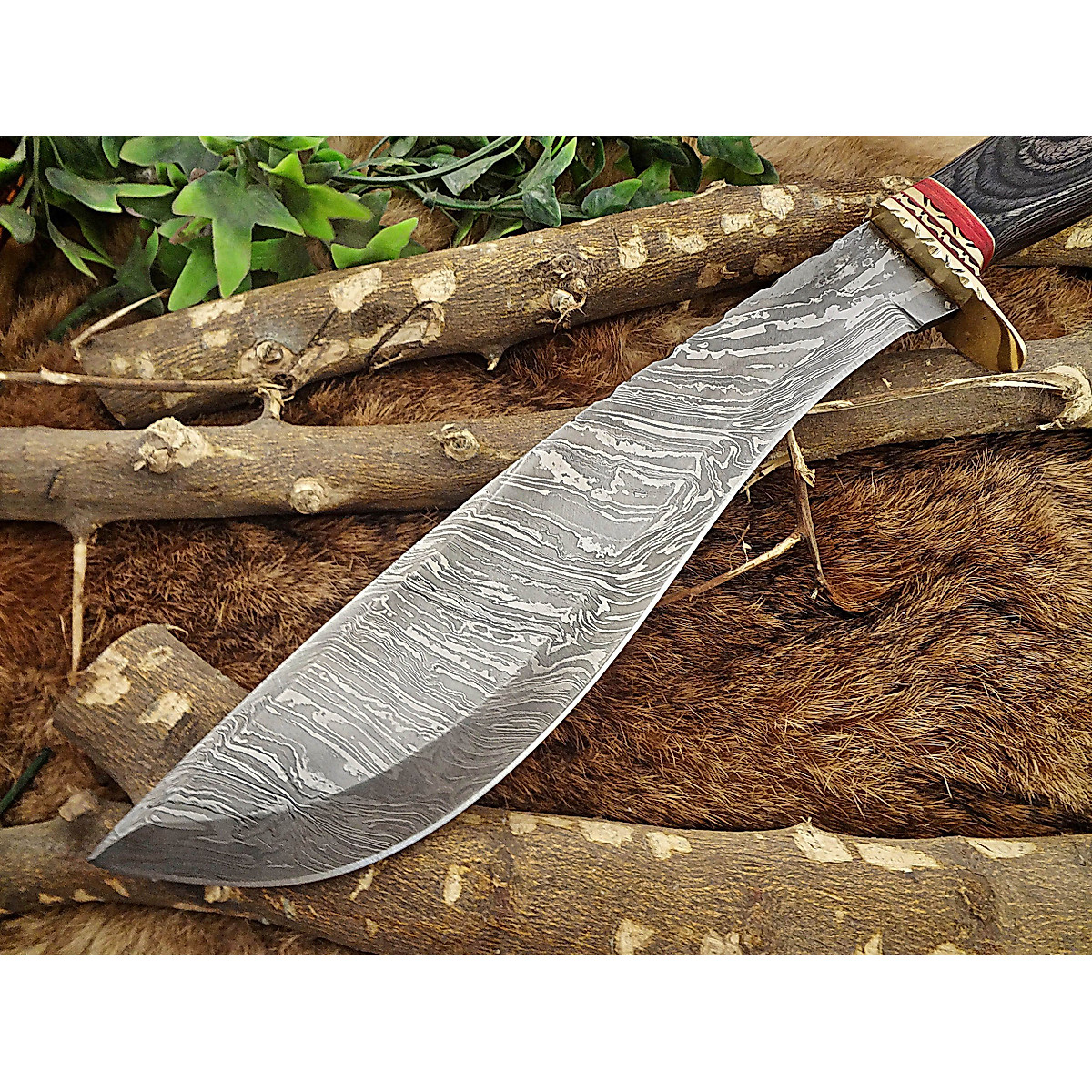 Damascus Steel Hunting Bowie Knife 14.5 Inches Custom Made Hand Forged with 10" Blade, 2 Tone Green Wood with Engraved Brass Scale, Thick Cow Hide Leather Sheath with Belt Loop (Black)