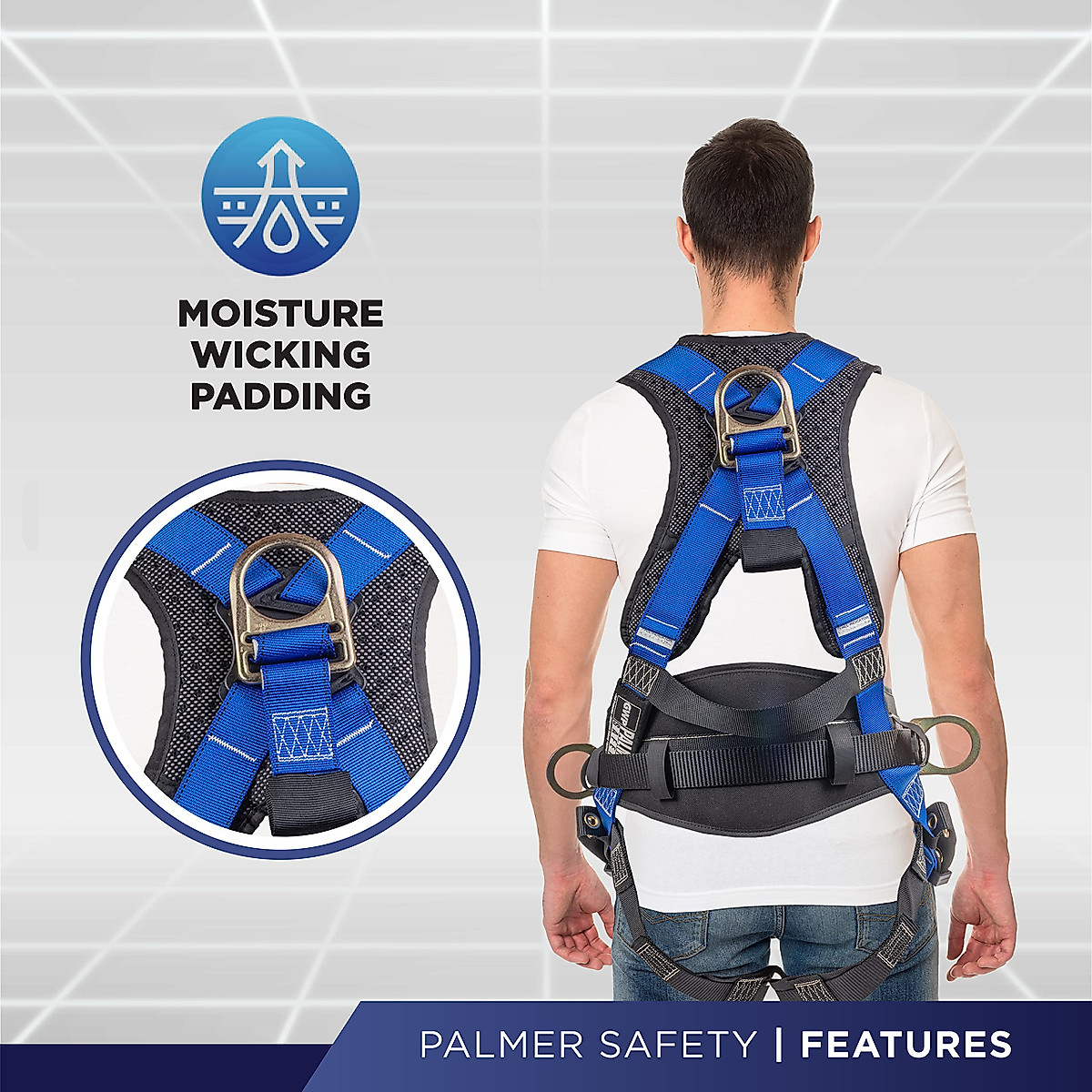 Palmer Safety Fall Protection Full Body 5 point Harness, Padded Back Support, Quick-Connect Buckle, Grommet Legs, Back&Side D-Rings, OSHA ANSI Industrial Roofing Tool Personal Equipment (Blue - LG)
