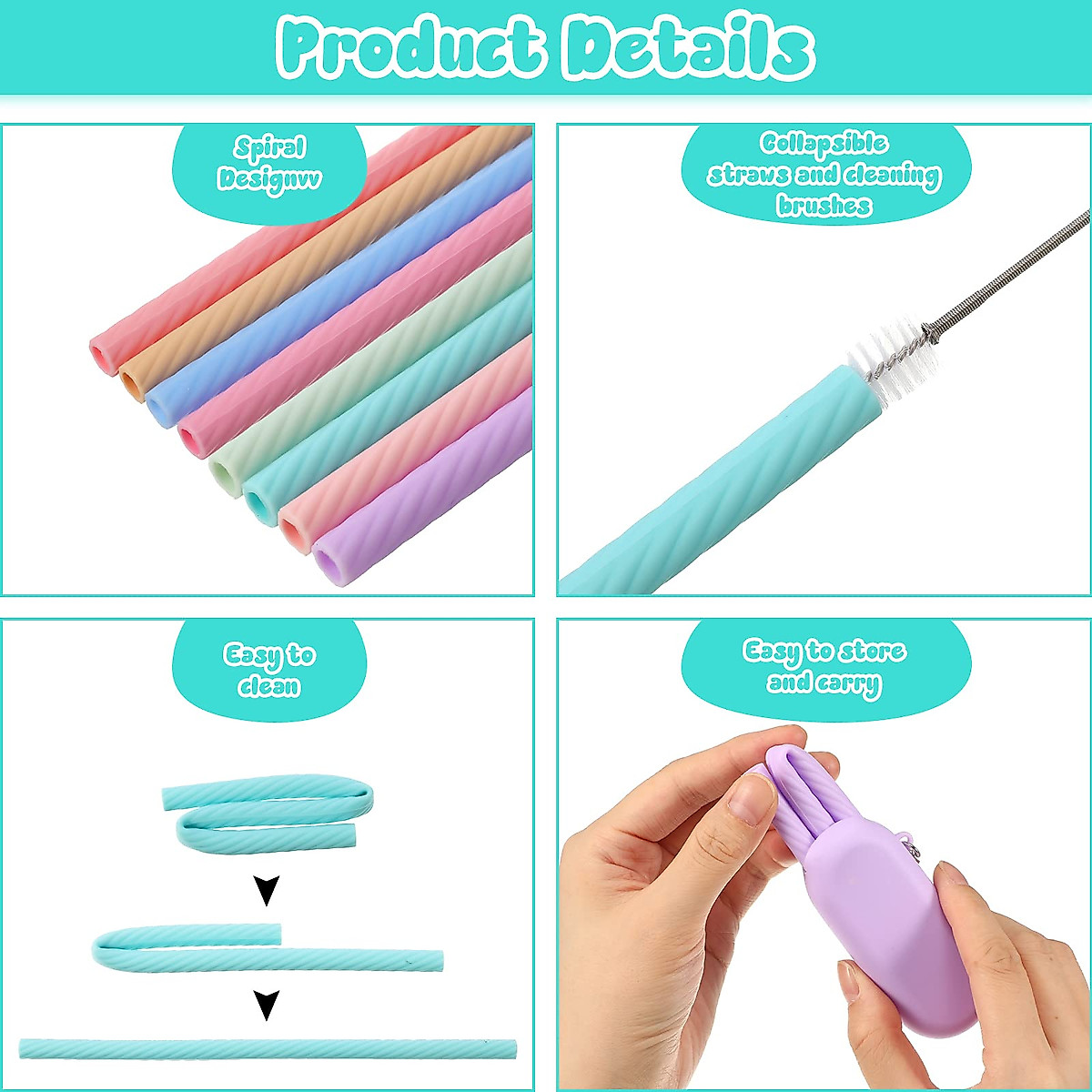 8 Sets Silicone Straws with Case Reusable Straws Silicone Foldable Portable Drinking Straw Set for Party Travel Cold or Hot Straw with Carry Case and Cleaning Brushes 7 5/7 Inch Long (Light Color)