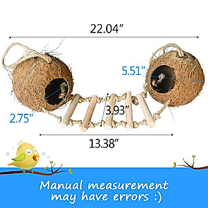 Bird Hides Coconut Nest with Wood Ladder,Syrian Hamster Cage Hanging Natural Coco Shell Hut Hide Toy with Wooden Bridge,Hollow Hideaway Toys for Small Animal Rat Lovebird Finches