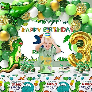 Three Rex Birthday Party Decorations Boy, 3rd Dinosaur Birthday Decorations with 3 Rex Birthday Backdrop Dinosaur Balloon Kit Tablecloth and Cake Toppers for Dino Birthday Decorations for Boys