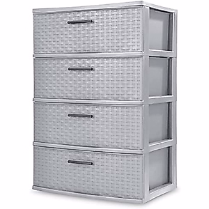 4 Drawer Wide Weave Storage Tower with Driftwood Handles,Organizer Storage Tower for Closet, Bedroom, Entryway, White (Cement)