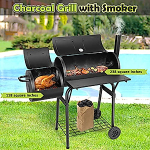 HaSteeL Outdoor BBQ Grill, Barrel Charcoal Grill with Offset Smoker, Camping Barbecue Grill for Patio Backyard Garden Picnic, Large 356.SQ.IN Cooking Area, 2 Screwdrivers & 6 Hooks (Black)