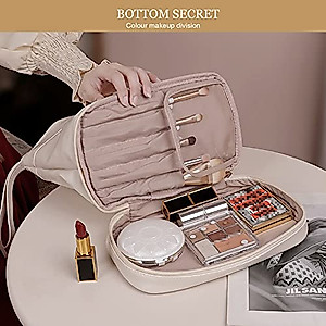 Abiudeng Large Makeup Bag,Double Layer Cosmetic Bag,Travel Makeup Bag,Leather Makeup Bag, Cosmetic Travel Bags,Portable Leather Toiletry Bag,Roomy Cosmetic Bag for Women and Girls.White