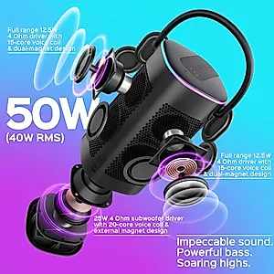 TREBLAB HD-Force - Loud Bluetooth Speaker - 50W Stereo Sound w/Bass, 25H Battery, IPX6 Waterproof, TWS Mode - Wireless Speaker w/Powerbank - Graphite (Renewed)